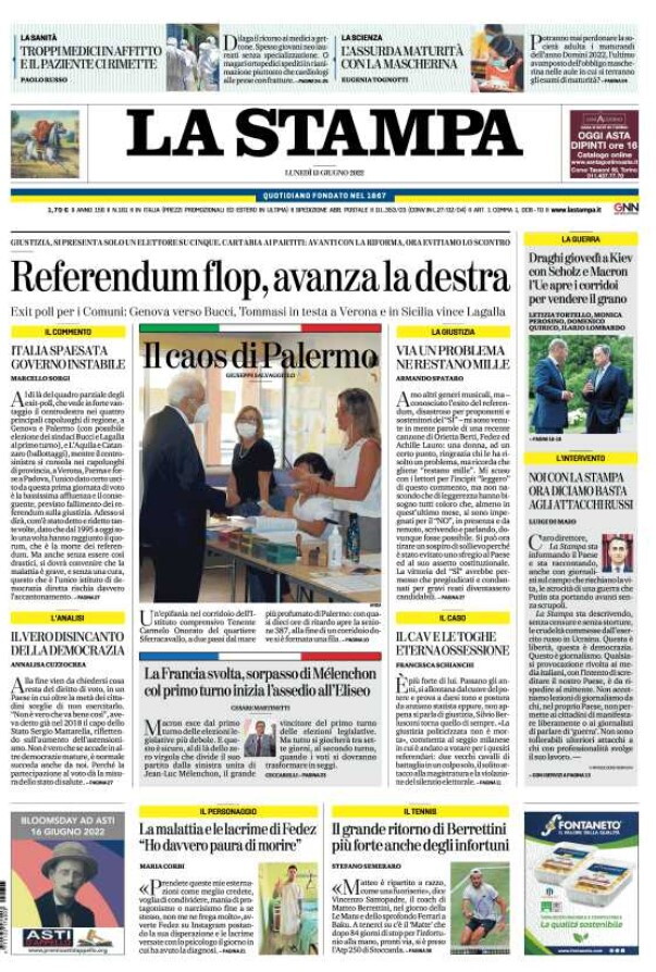 I giornali del 13 giugno