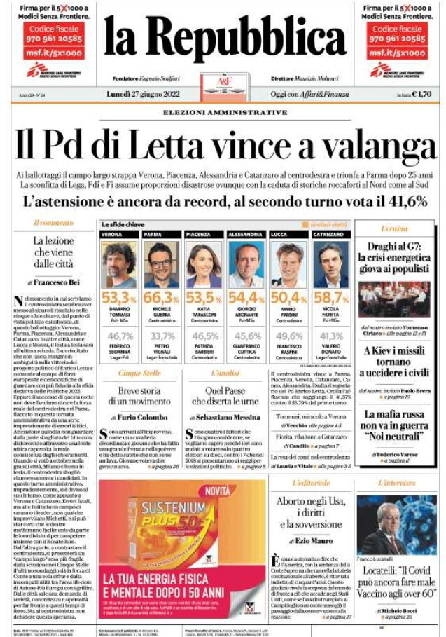 I giornali del 27 giugno