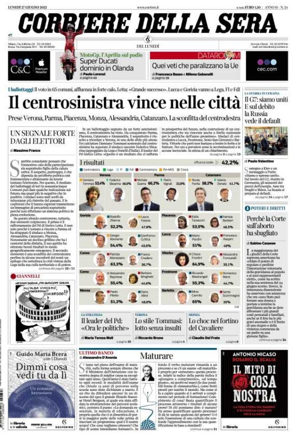 I giornali del 27 giugno