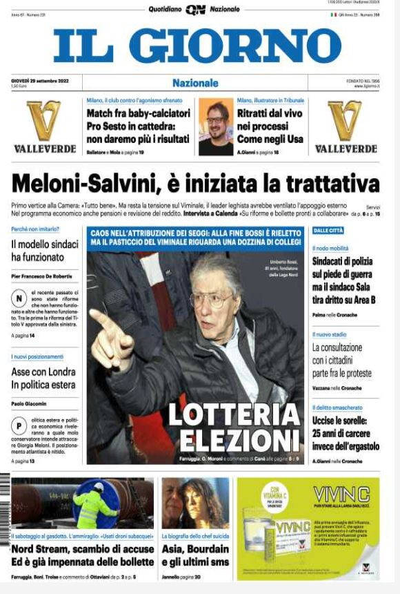 I giornali del 29 settembre