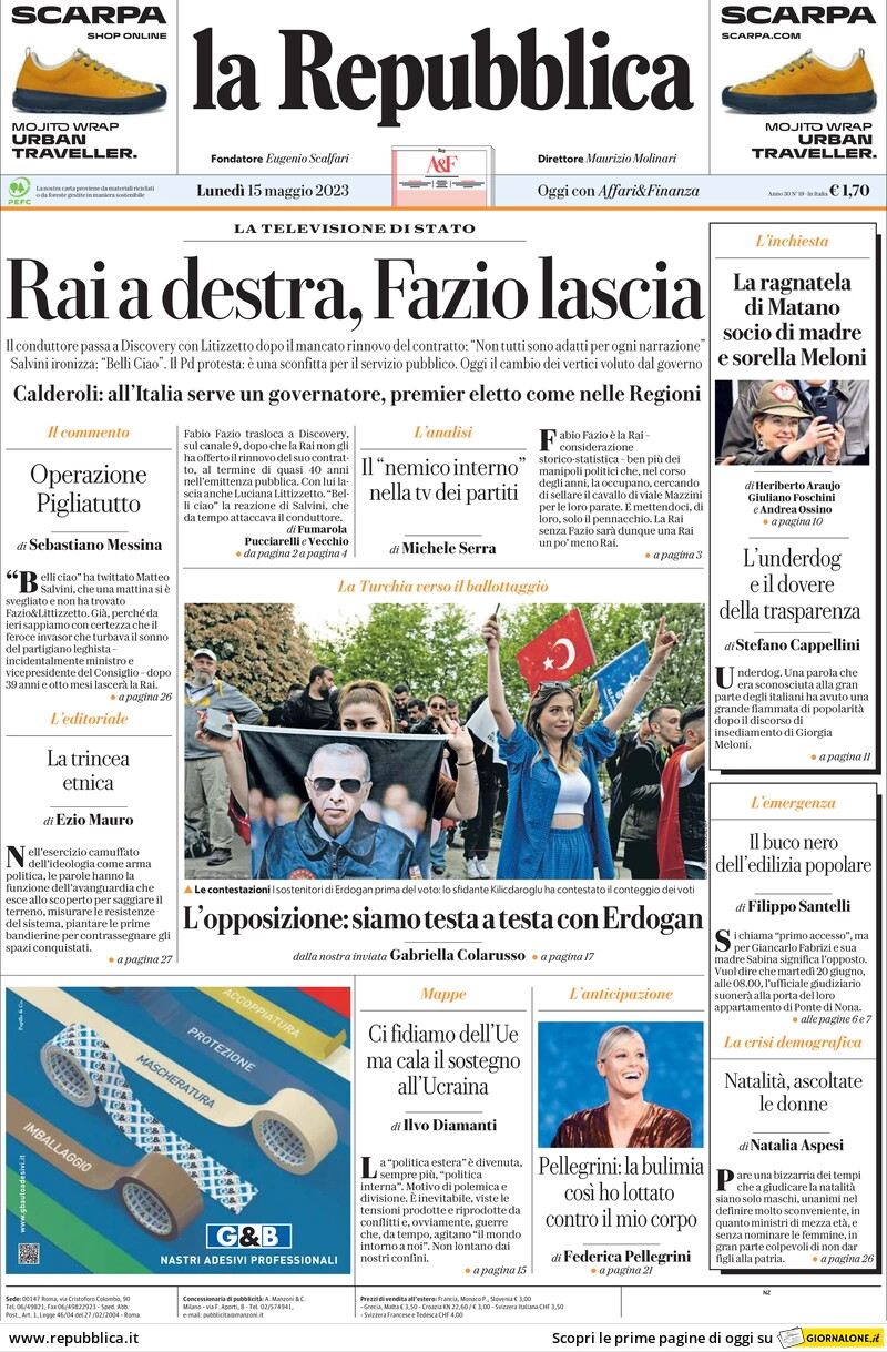 I giornali del 15 maggio 2023