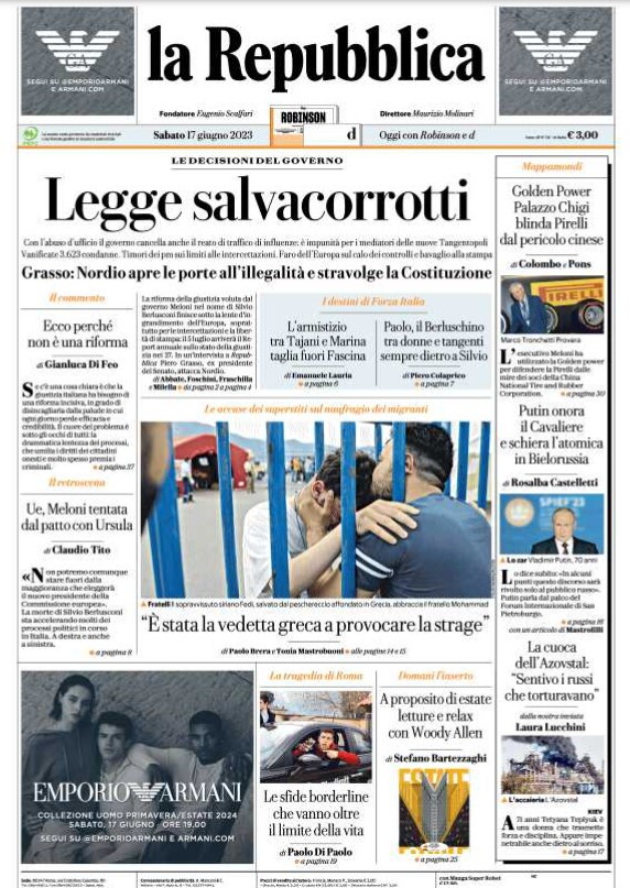 I giornali del 17 giugno 2023