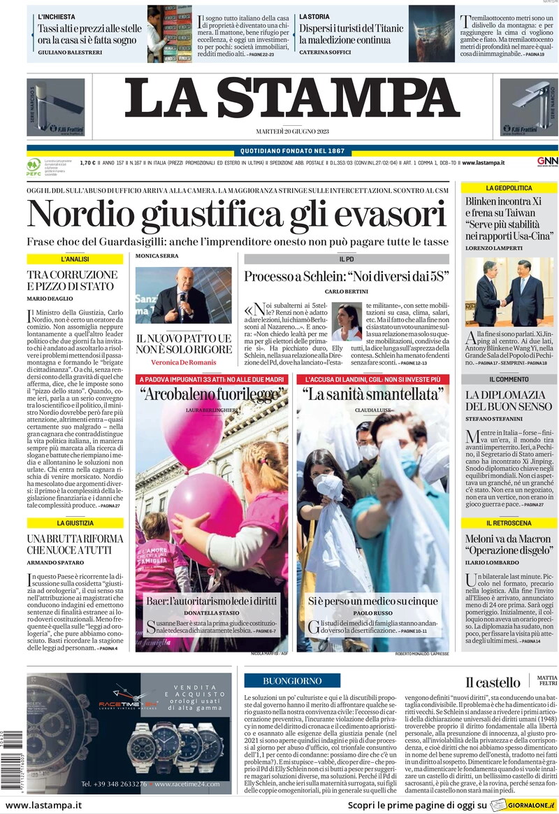 I giornali del 20 giugno 2023