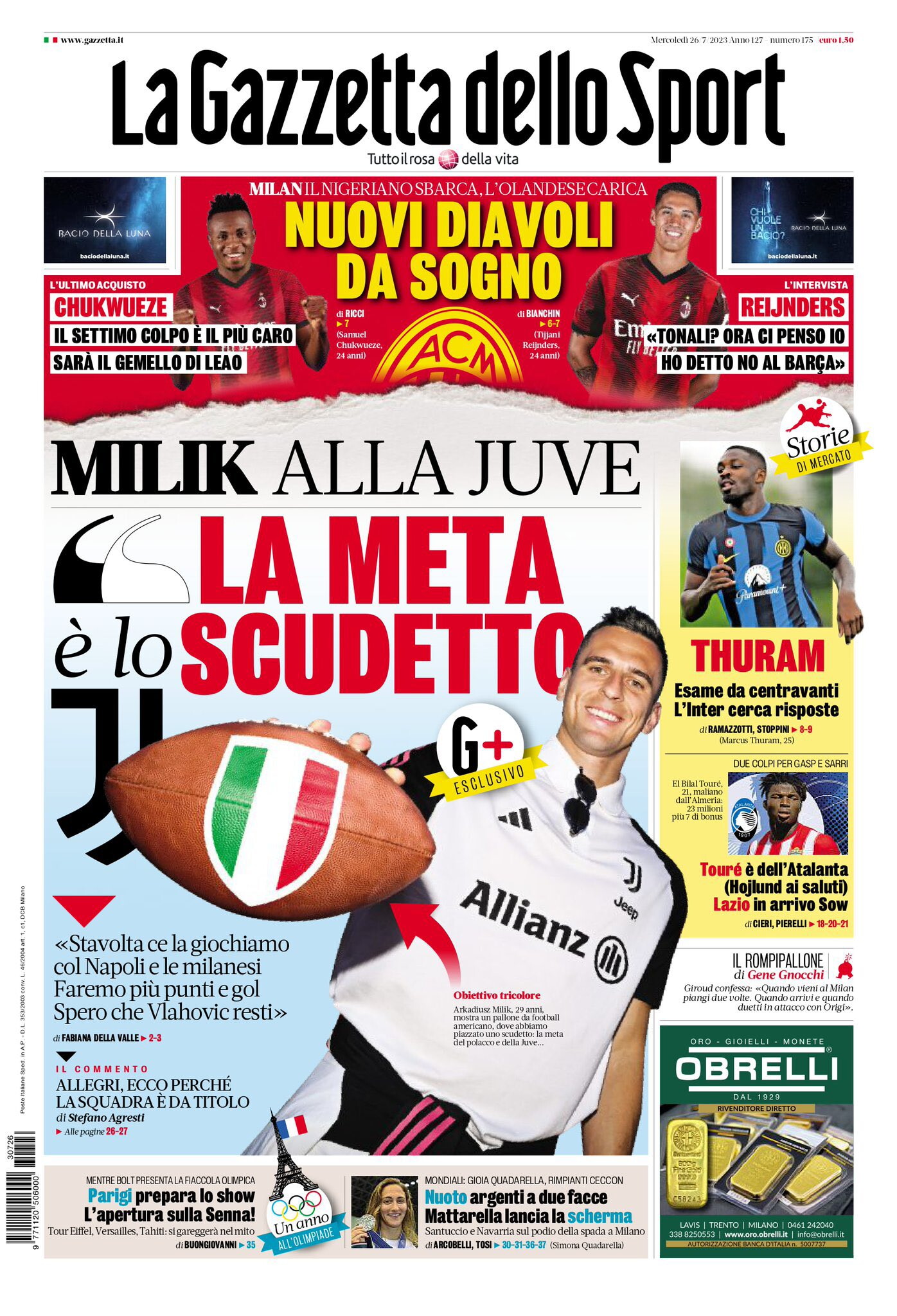 I giornali: mercoledì 26 luglio