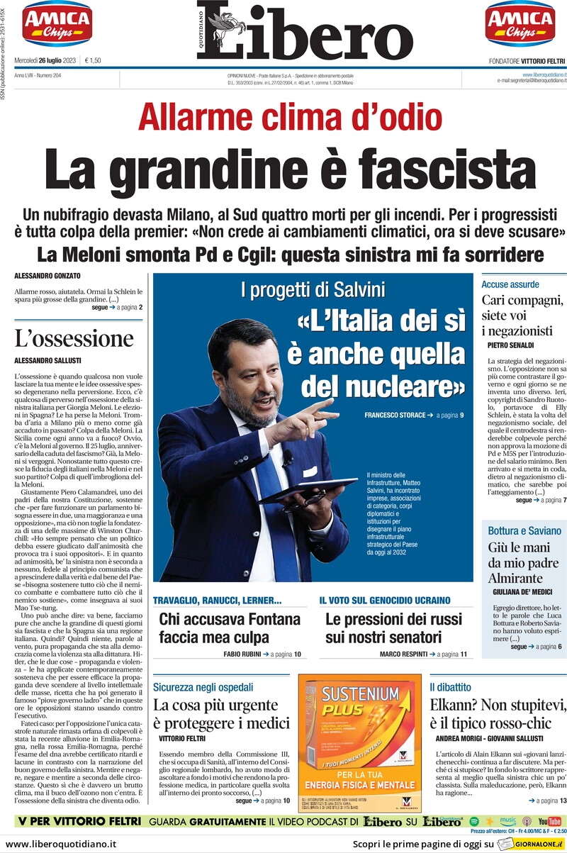 I giornali: mercoledì 26 luglio