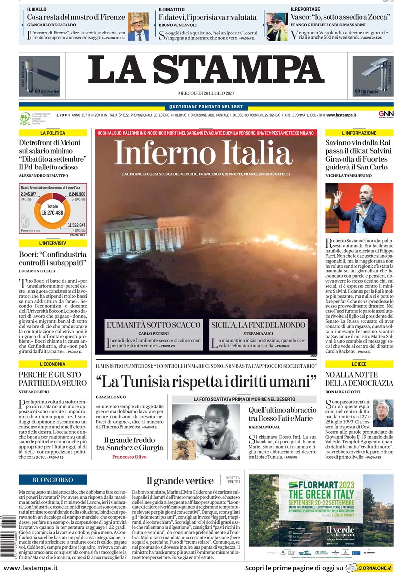 I giornali: mercoledì 26 luglio