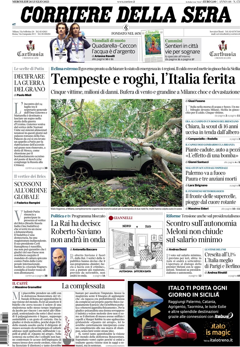 I giornali: mercoledì 26 luglio