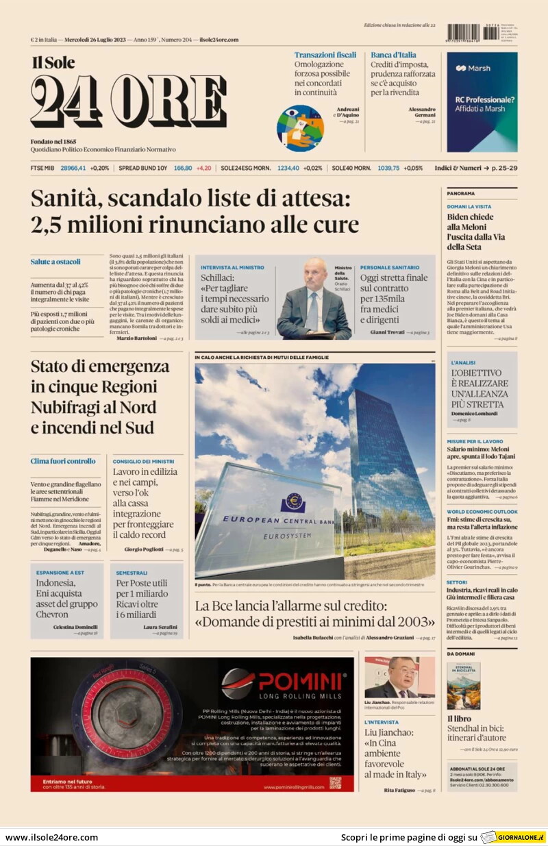 I giornali: mercoledì 26 luglio