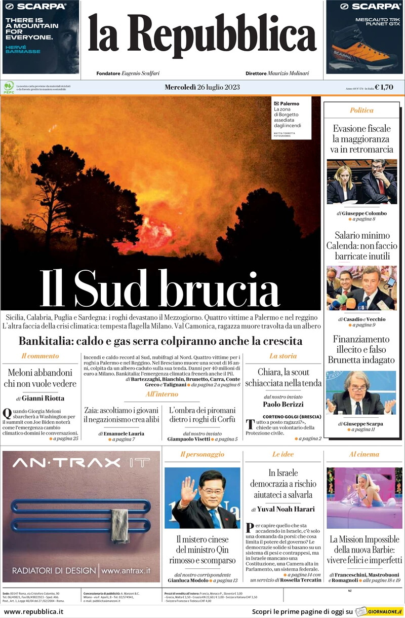 I giornali: mercoledì 26 luglio